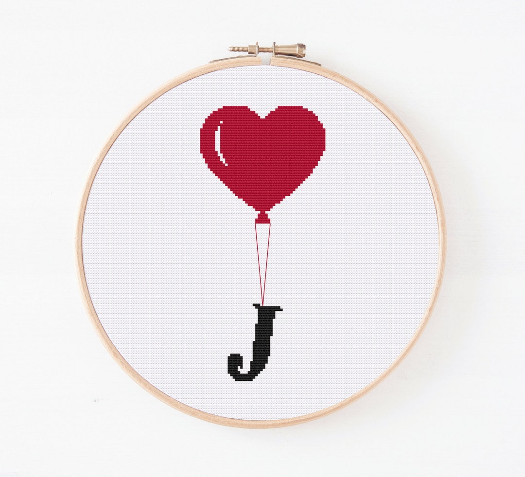 Letter J Cross Stitch Pattern, Heart Balloon J Cross Stitch, Initial ...
