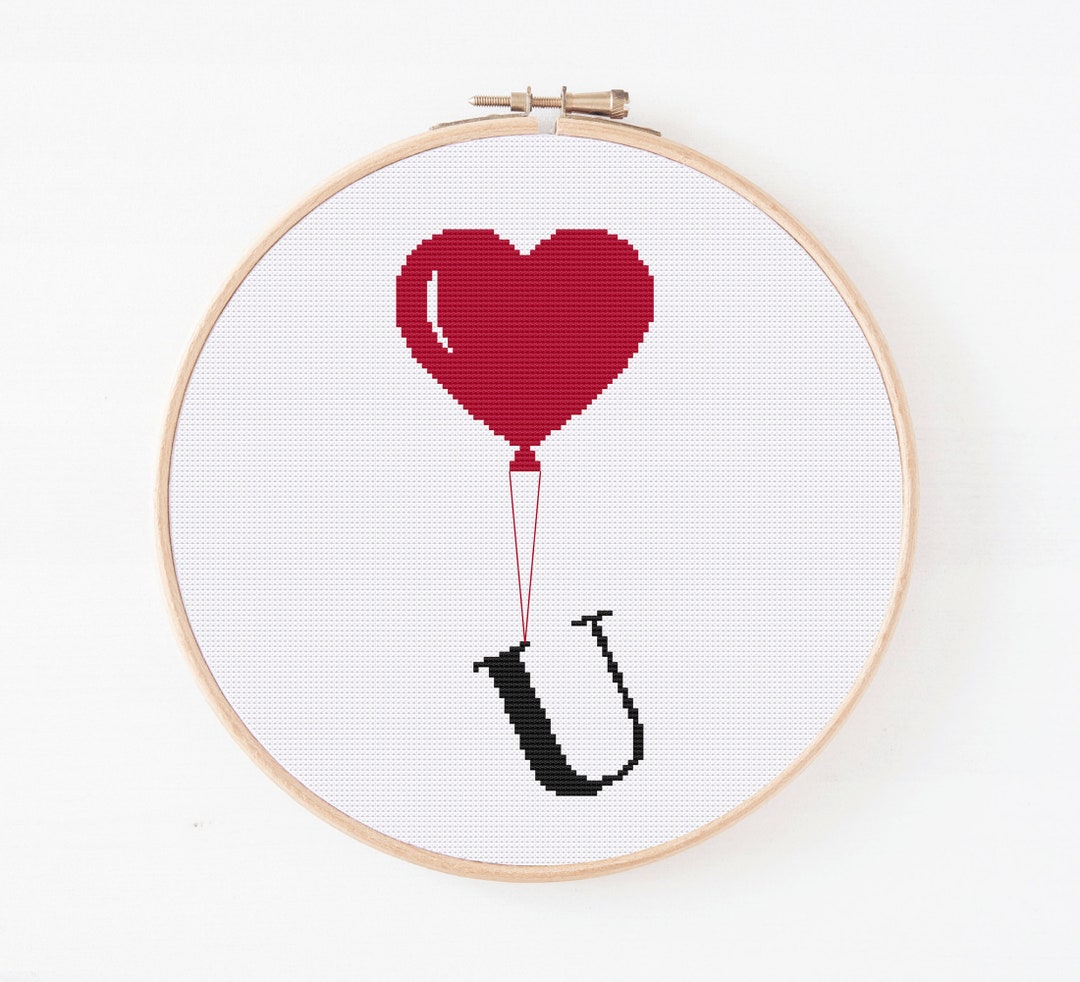 Letter U Cross Stitch Pattern, Heart Balloon U Cross Stitch, Initial ...