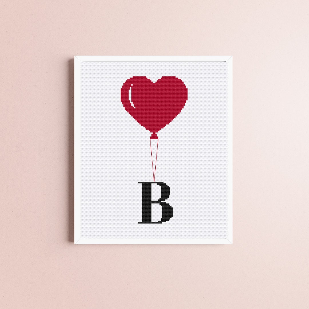 Letter B Cross Stitch Pattern, Heart Balloon B Cross Stitch, Initial ...