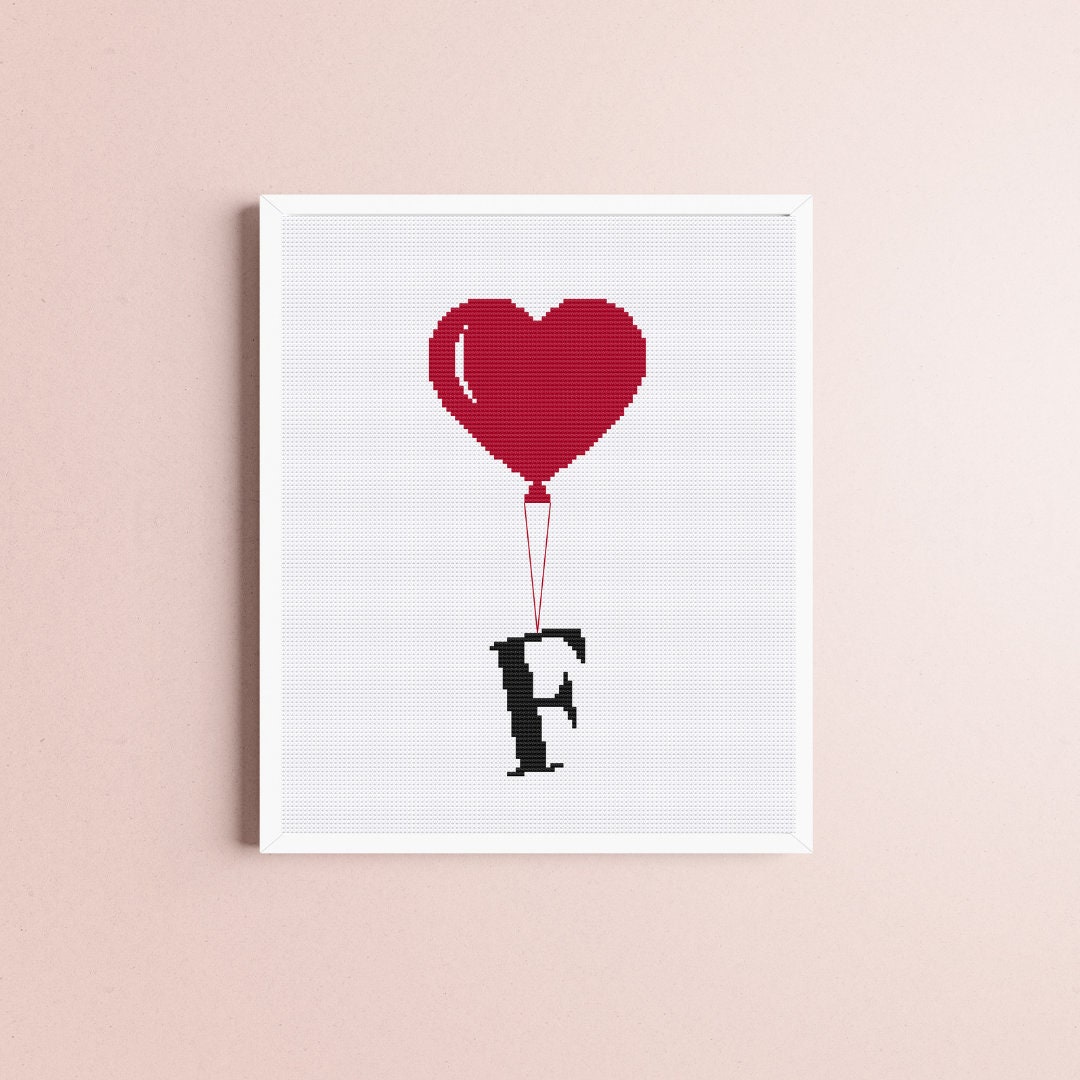 Letter F Cross Stitch Pattern, Heart Balloon F Cross Stitch, Initial ...