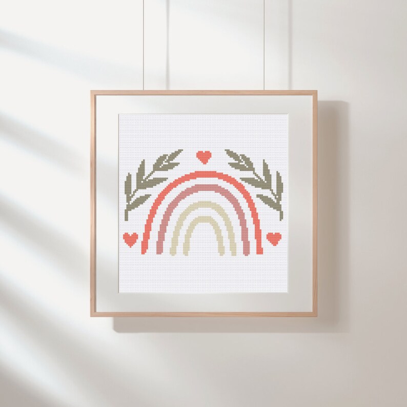 Boho Rainbow Cross Stitch Pattern, Cute Hearts Wreath Cross Stitch ...