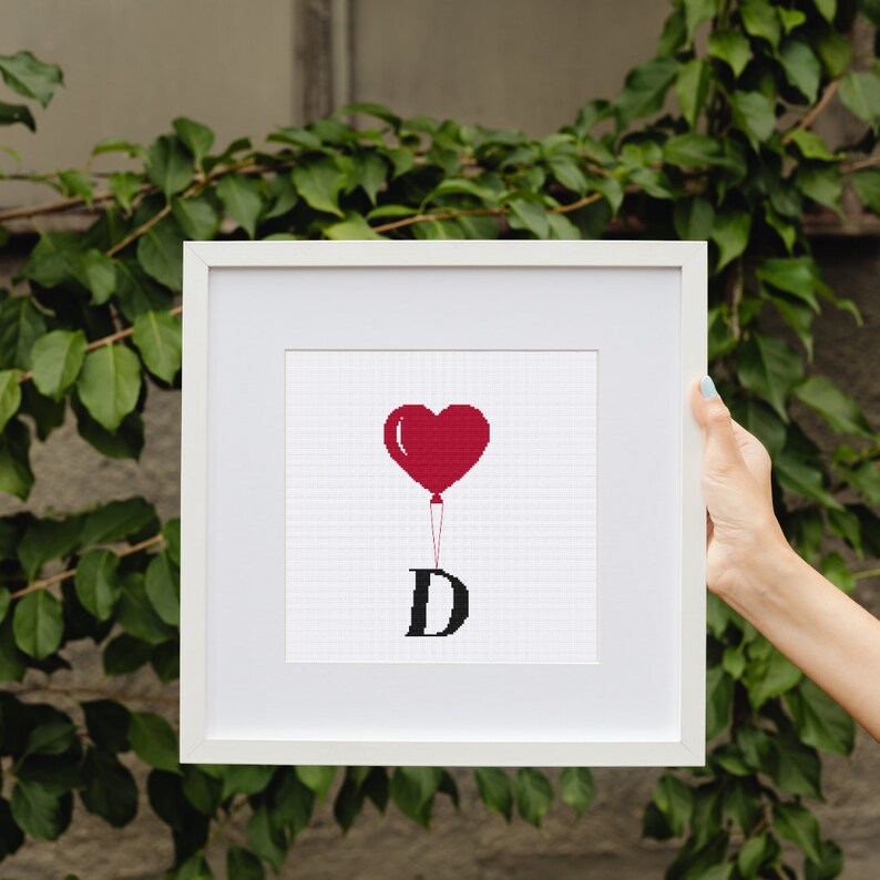 Letter D Cross Stitch Pattern, Heart Balloon D Cross Stitch, Initial ...
