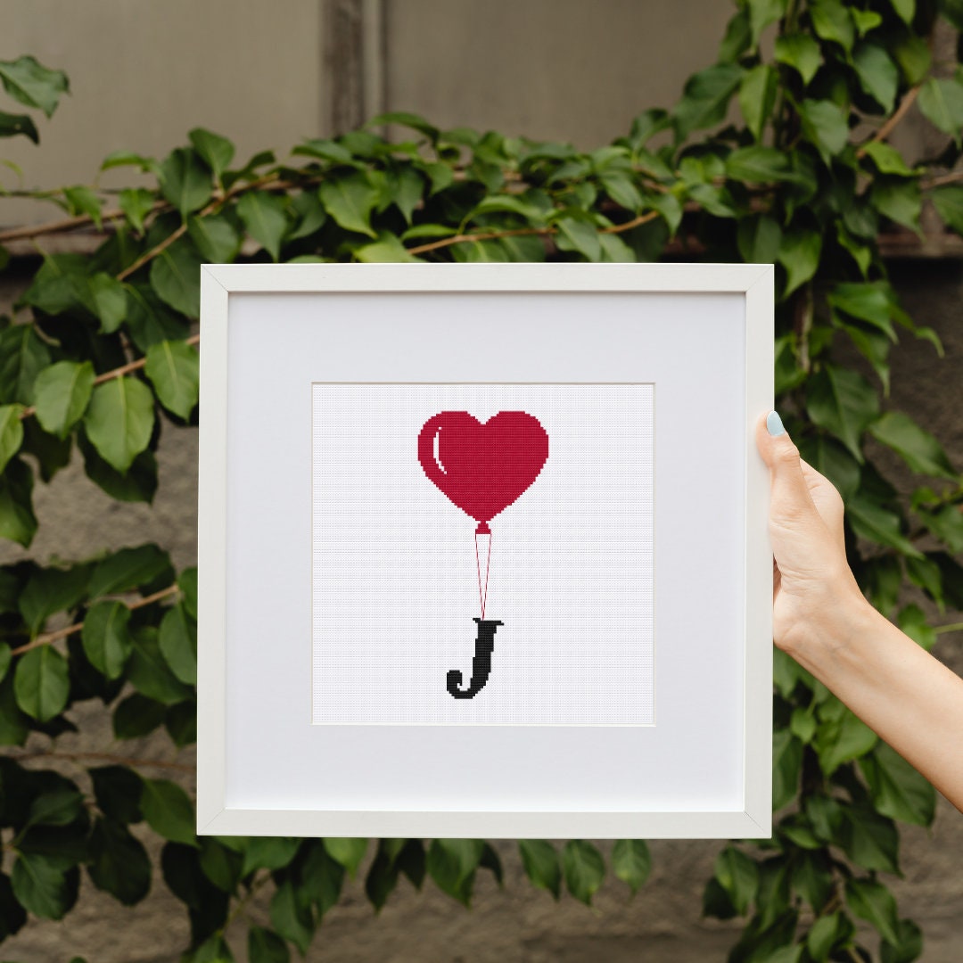 Letter J Cross Stitch Pattern, Heart Balloon J Cross Stitch, Initial ...