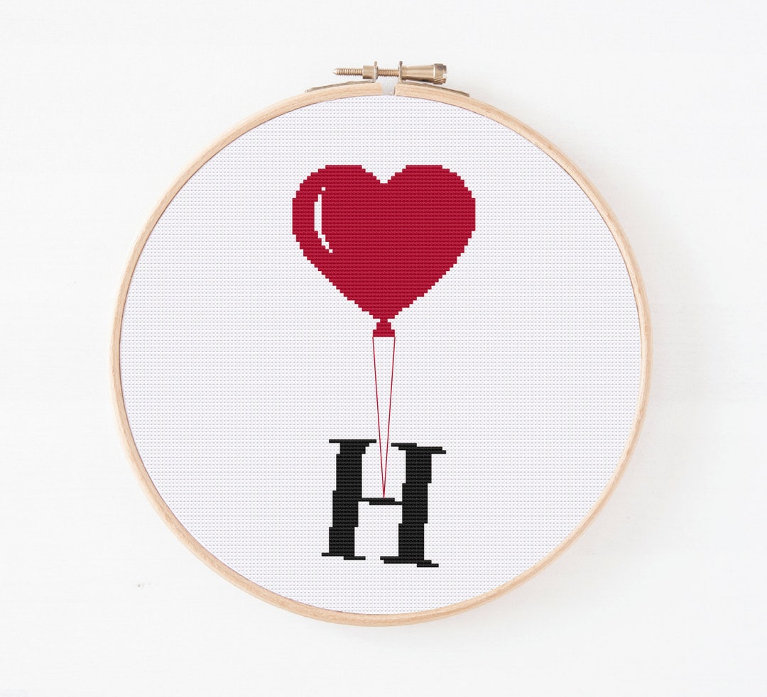 Letter H Cross Stitch Pattern, Heart Balloon H Cross Stitch, Initial ...