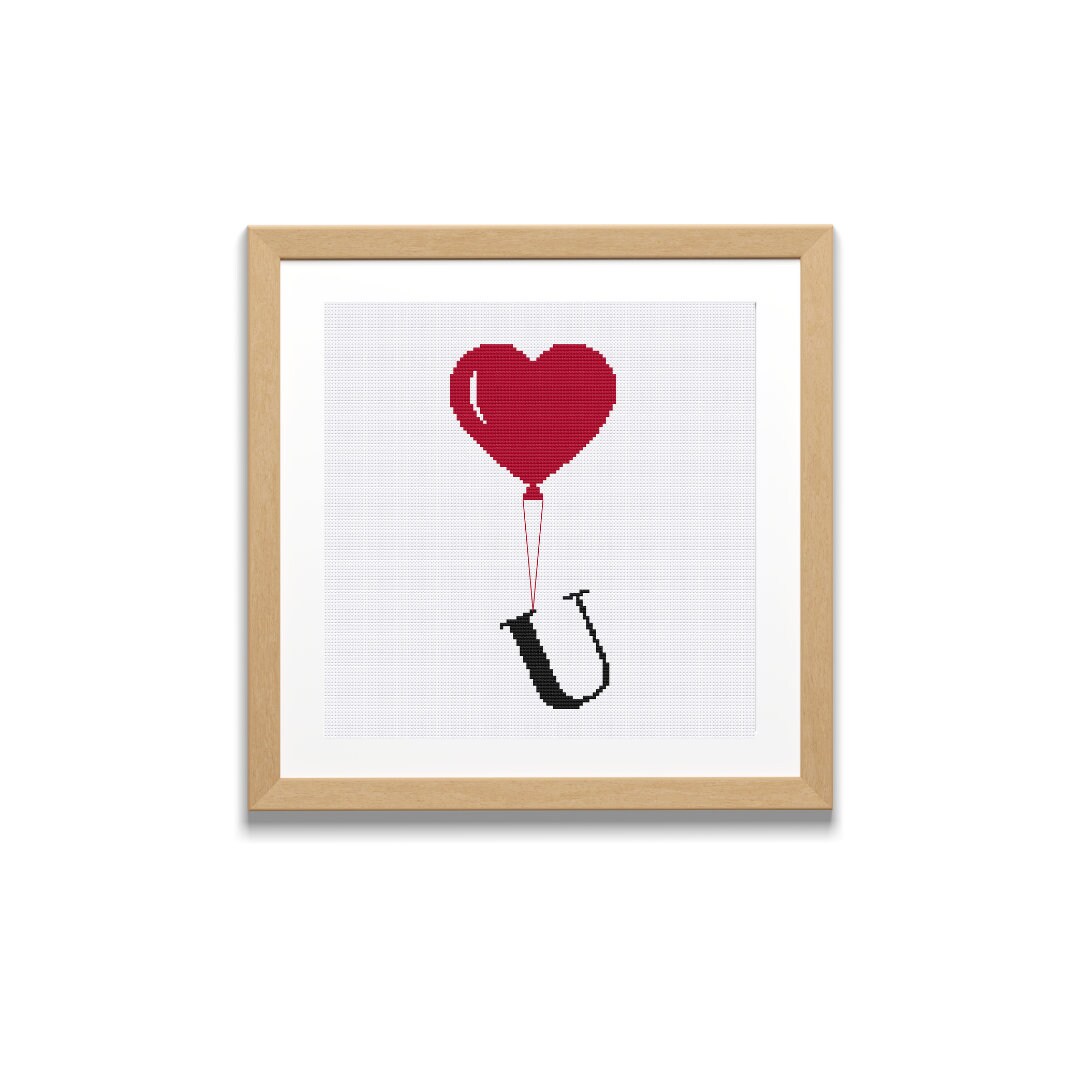 Letter U Cross Stitch Pattern, Heart Balloon U Cross Stitch, Initial ...