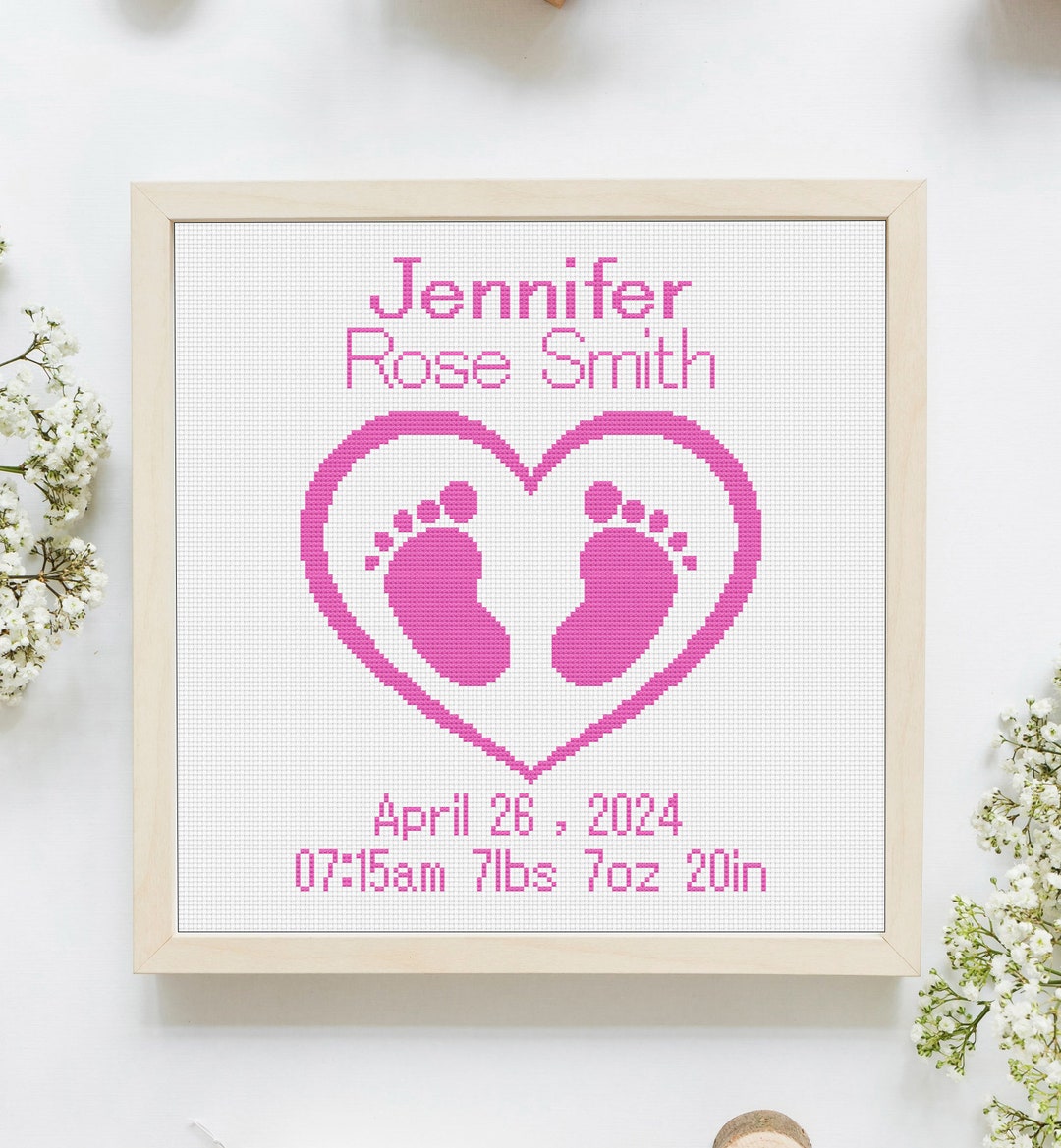 Girl Baby Birth Cross Stitch, Baby Announcement Cross Stitch, Baby ...