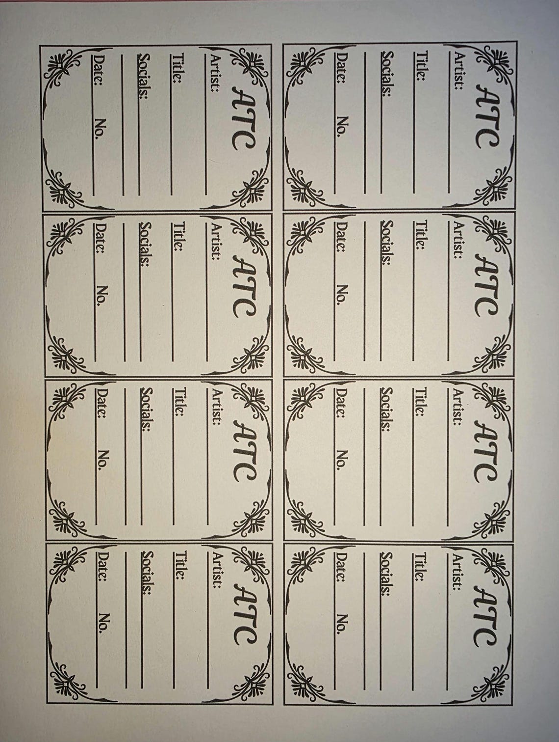 Printable Artist Trading Card Back Template for Letter Sized Paper PDF ...