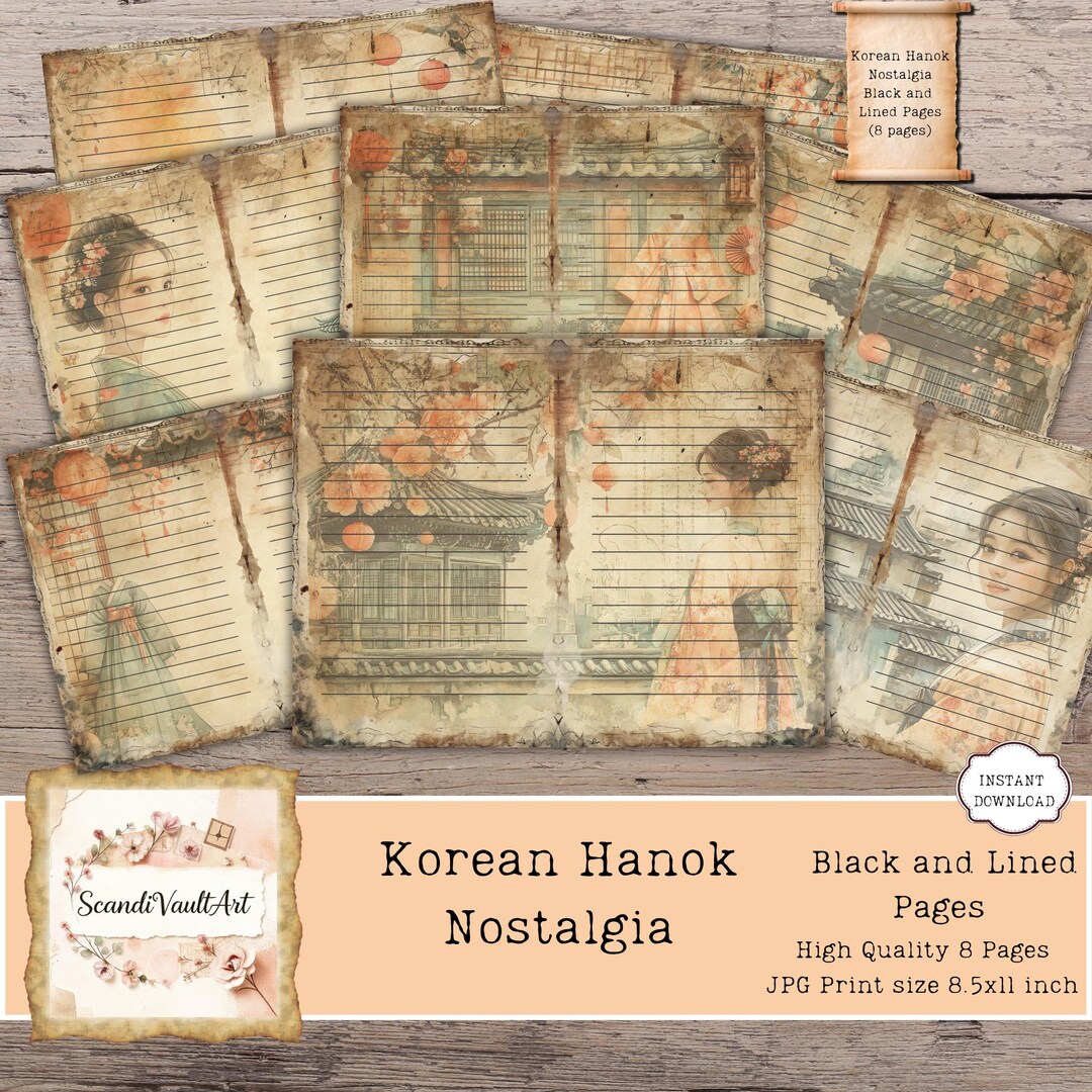 Junk Journal Overlay, Black Vintage Scrapbook Paper, Korean Hanok ...