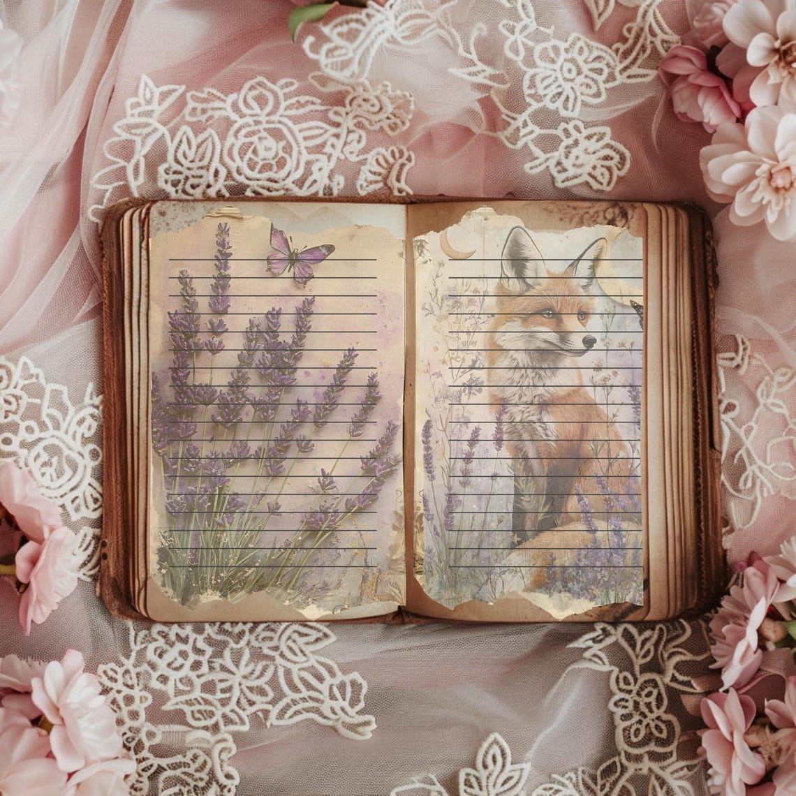 Lavender Junk Journal Papers, Fox, Flowers, Specimen, Black Lined ...