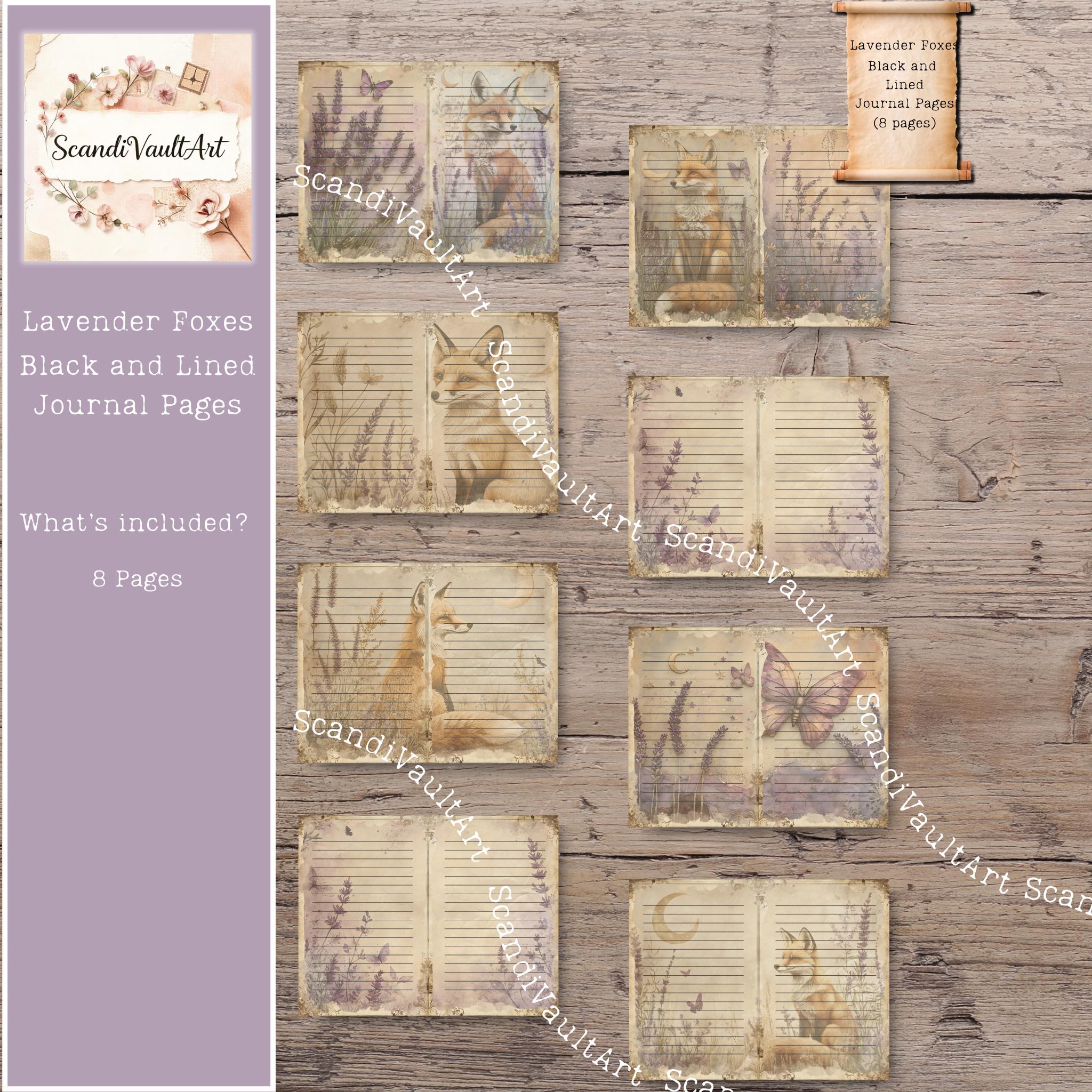 Lavender Junk Journal Papers, Fox, Flowers, Specimen, Black Lined ...