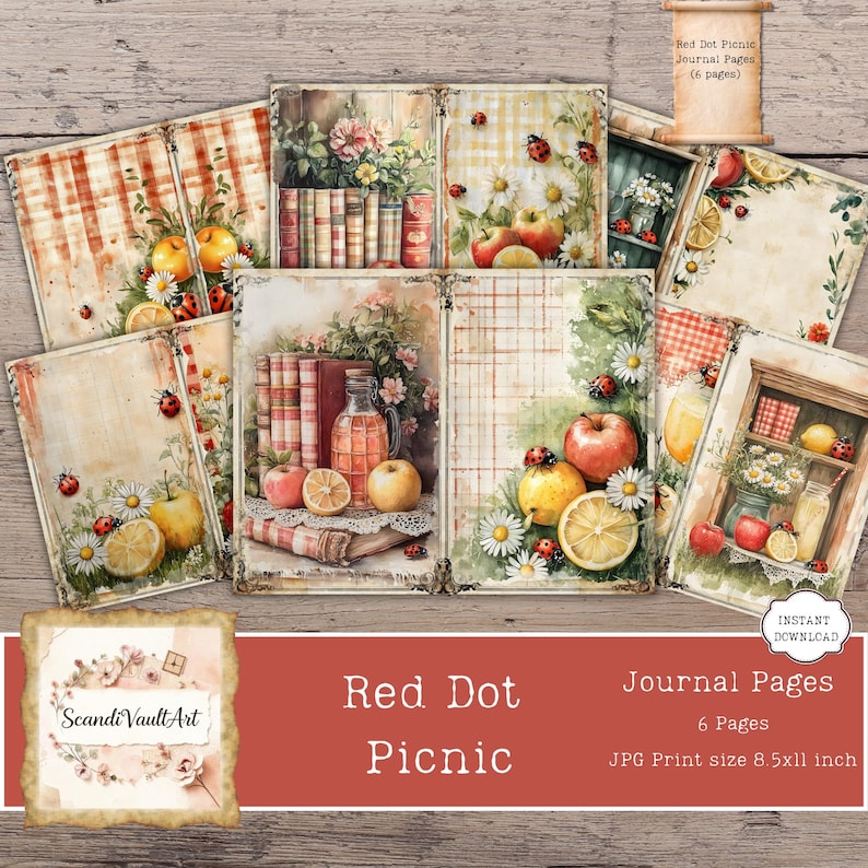 Nature Junk Journal Pages, Ladybug Gingham Printable, Red Dot Picnic ...