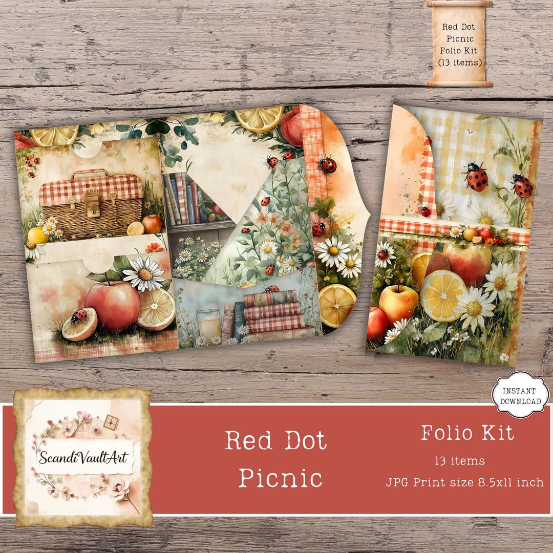 Summer Junk Journal Kit, Folio With Ladybugs, Gingham, Red Dot Picnic ...