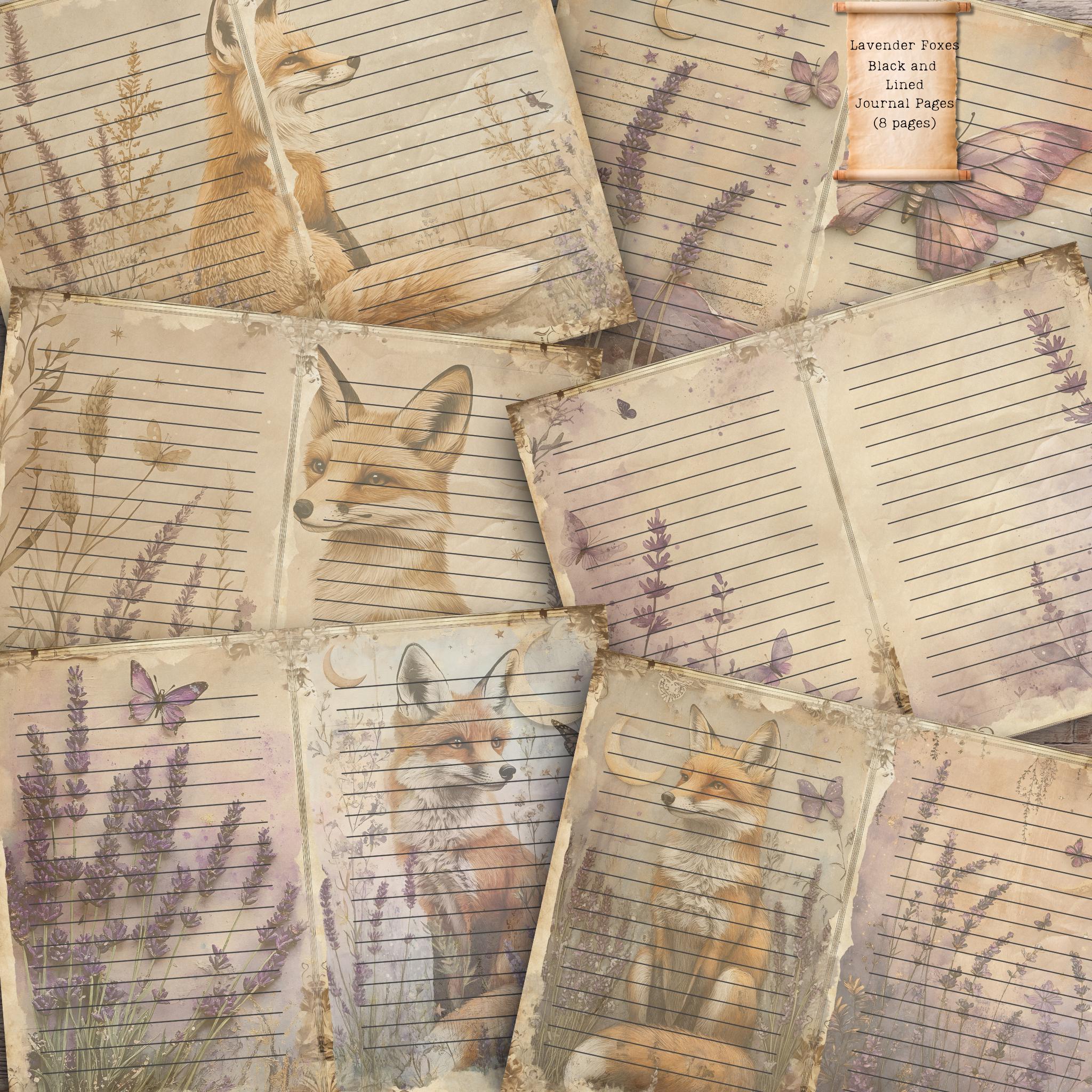 Lavender Junk Journal Papers, Fox, Flowers, Specimen, Black Lined ...