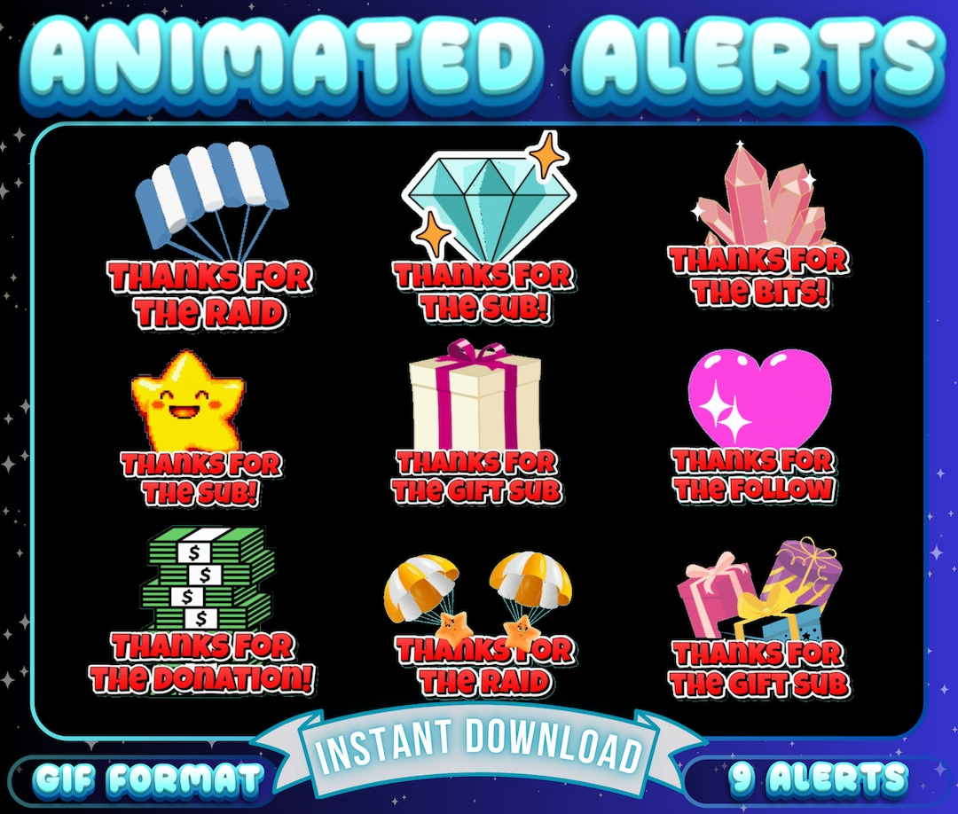 9 X ANIMATED Twitch Alerts, Basic Twitch Alerts, Animated Alerts for ...