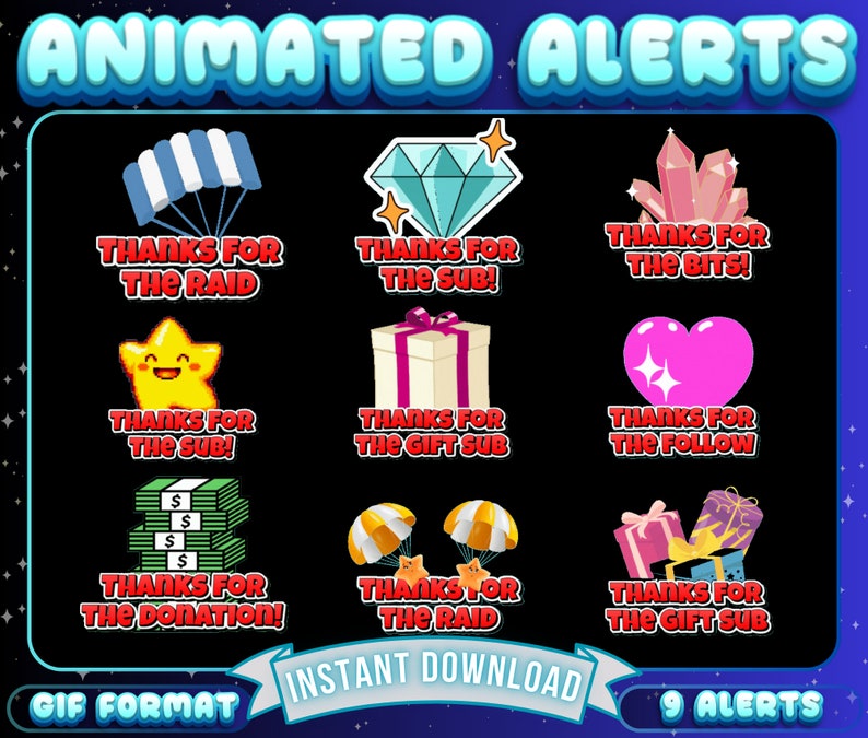 9 X ANIMATED Twitch Alerts, Basic Twitch Alerts, Animated Alerts for ...