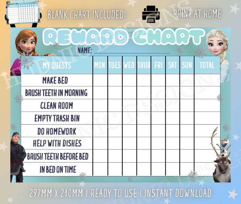 Frozen Rewards Chart, Kids Chore Chart, Frozen Chore Chart, Printable ...