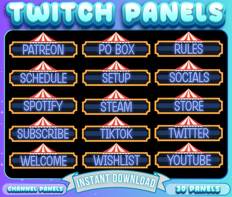 Blue Neon Circus Twitch Panels | 30 Channel Banners (digital Download ...