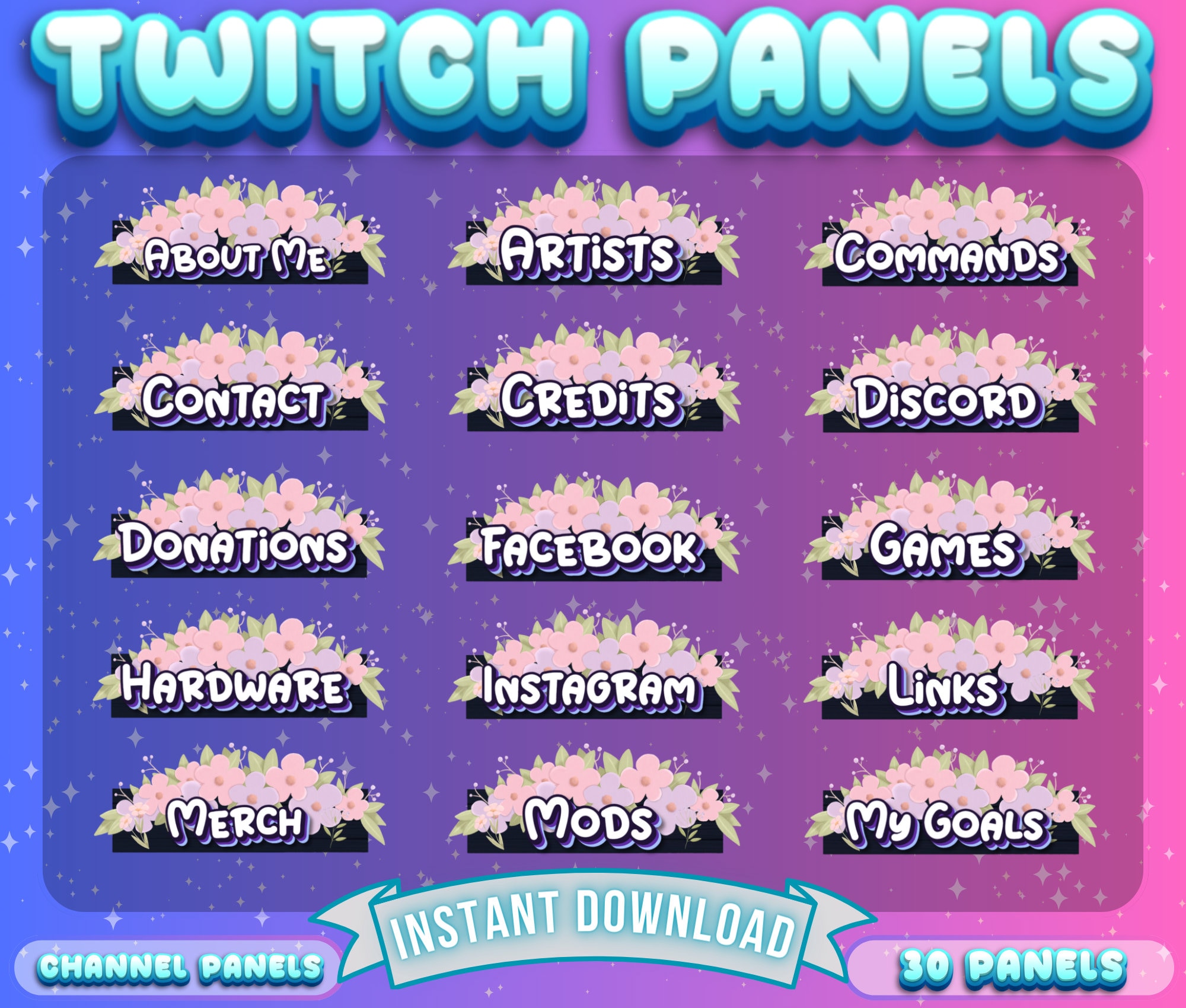 30 X Twitch Channel Panels Twitch Panel Pack Floral Twitch Panels ...
