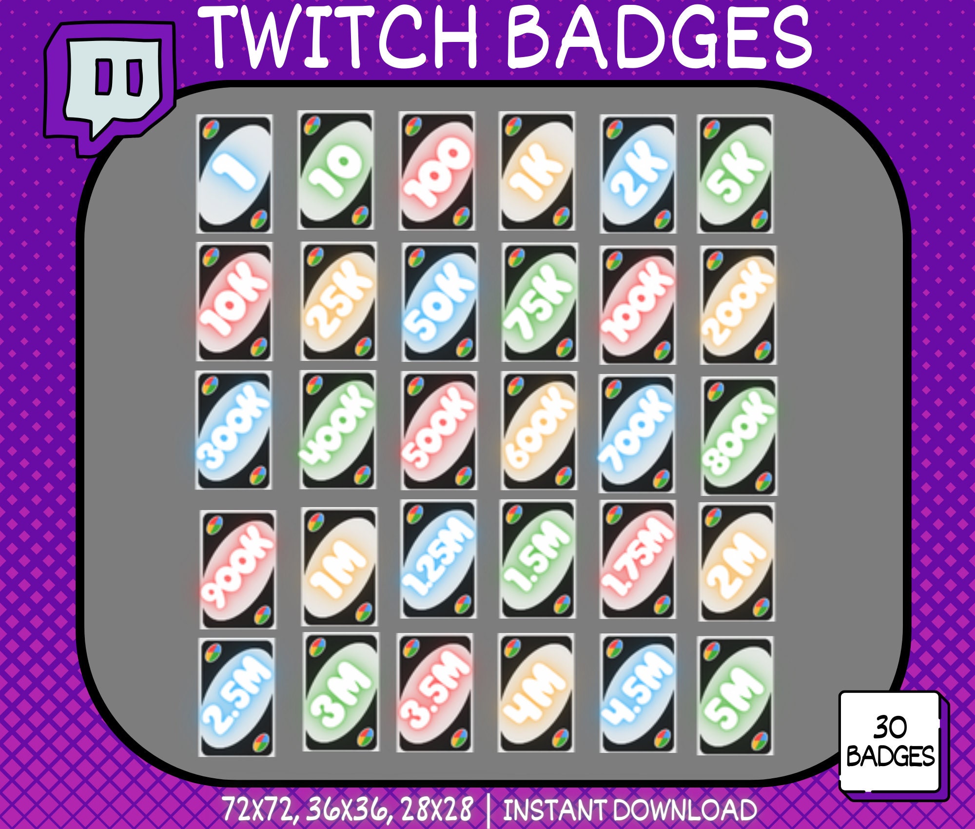 UNO Twitch Bit Badges, UNO Twitch Tier Badges, Twitch Bit Badges, Neon ...