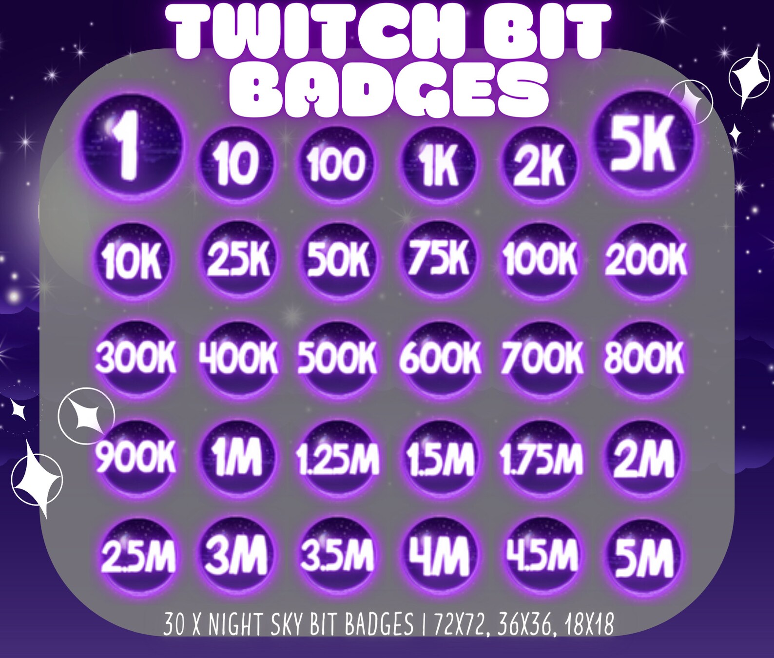 Purple Night Sky Twitch Bit Badges, Purple Twitch Tier Badges, Twitch ...
