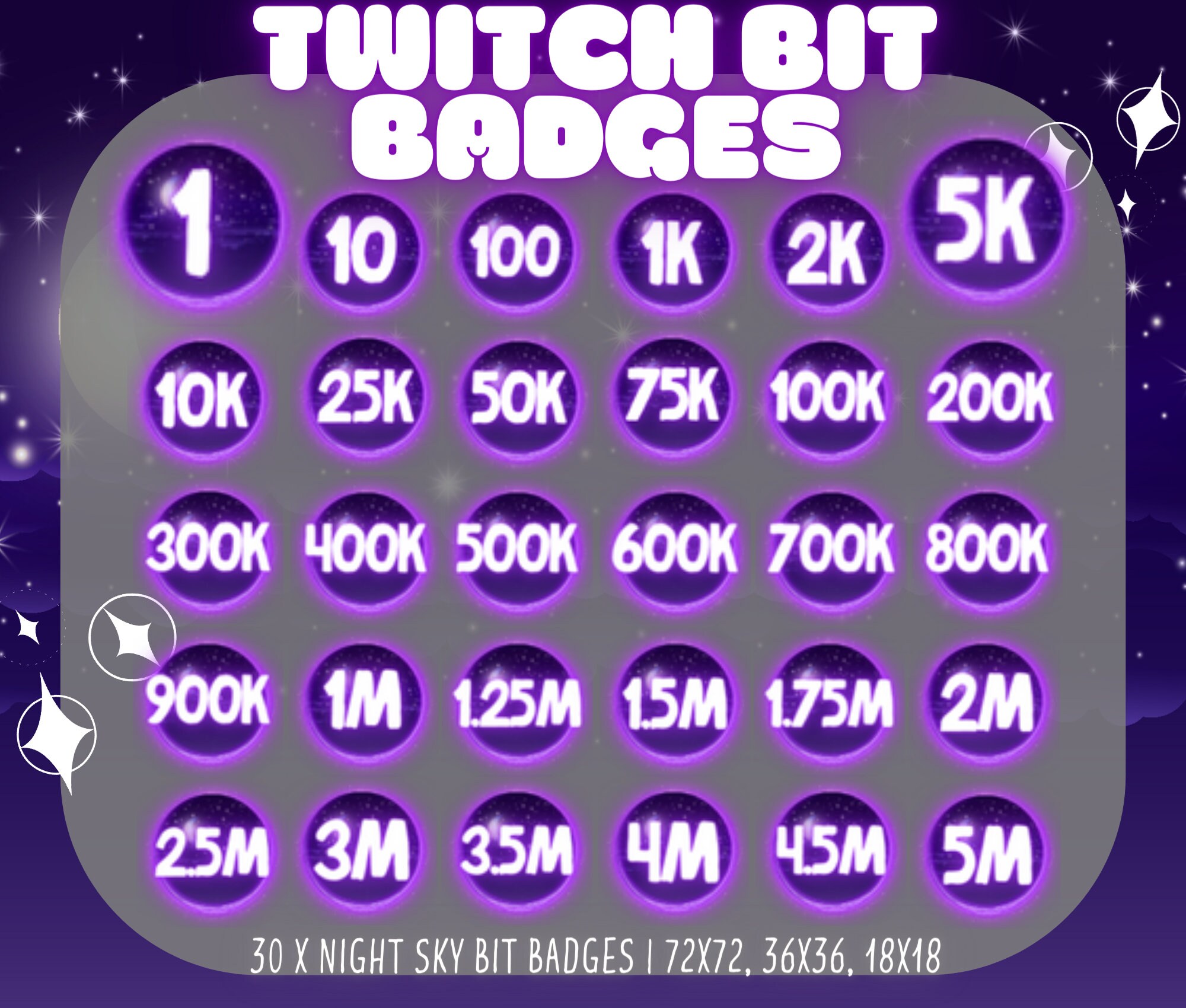 Purple Night Sky Twitch Bit Badges, Purple Twitch Tier Badges, Twitch ...