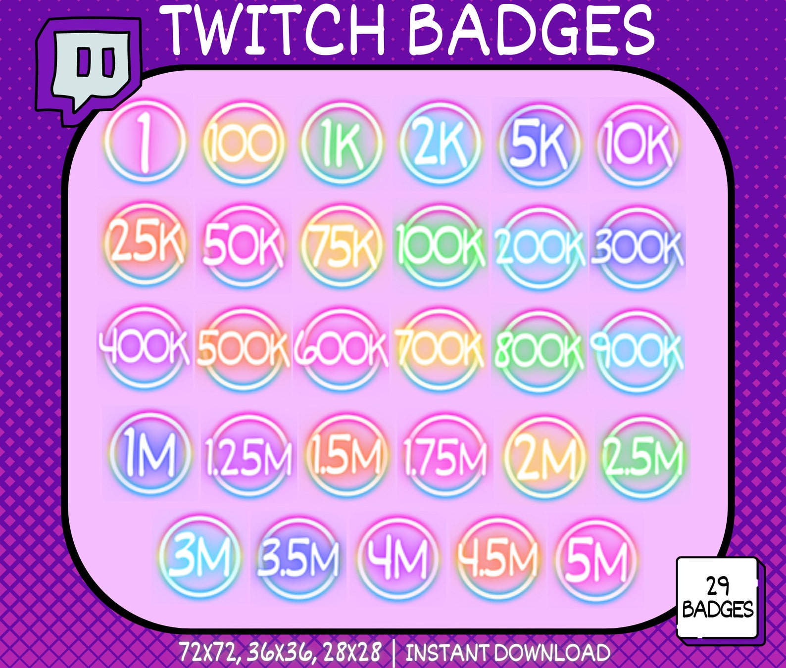 Rainbow Neon Twitch Bit Badges, Rainbow Twitch Tier Badges, Twitch Bit ...
