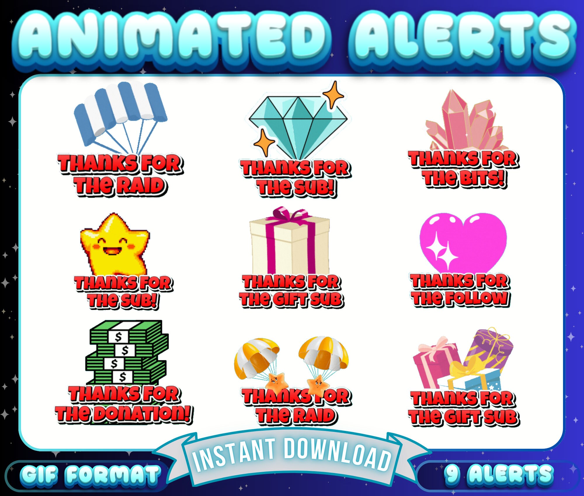 9 X ANIMATED Twitch Alerts, Basic Twitch Alerts, Animated Alerts for ...