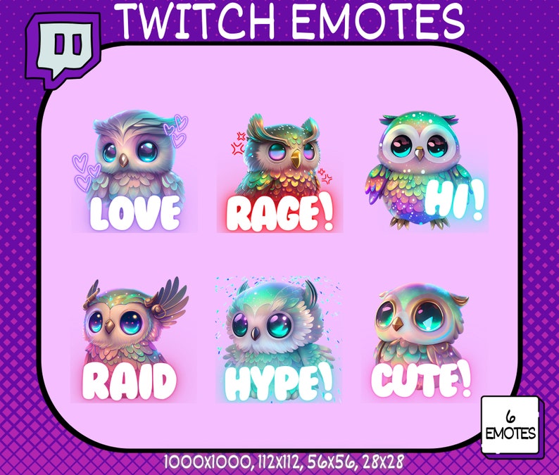 6 X Twitch Emotes, Cute Owl Emote, Cute Bird Emote, Colourful Owl ...