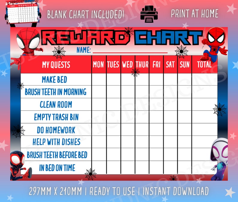 Spiderman Rewards Chart, Kids Chore Chart (digital Download) - Etsy