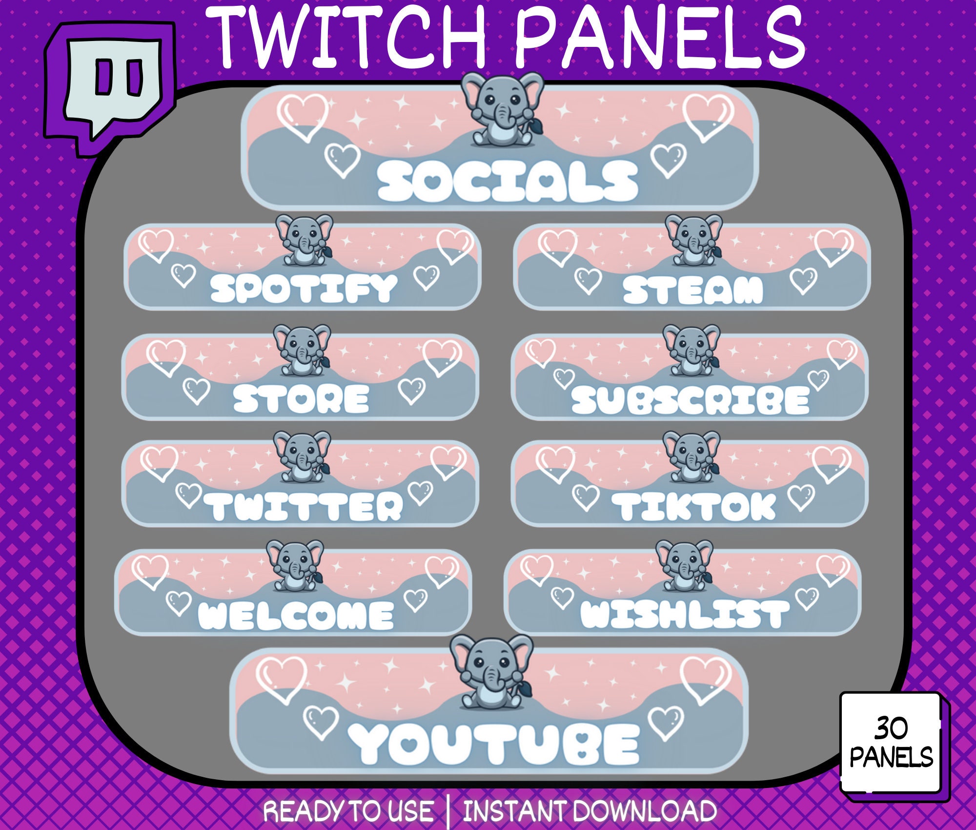 30 X Twitch Panels, Cute Elephant Twitch Panels, Elephant Panels ...