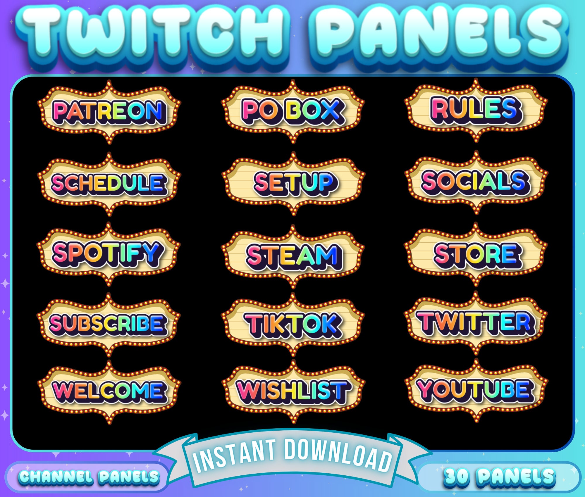 30 X Twitch Channel Panels | Twitch Panel Pack | Rainbow Circus Panels ...