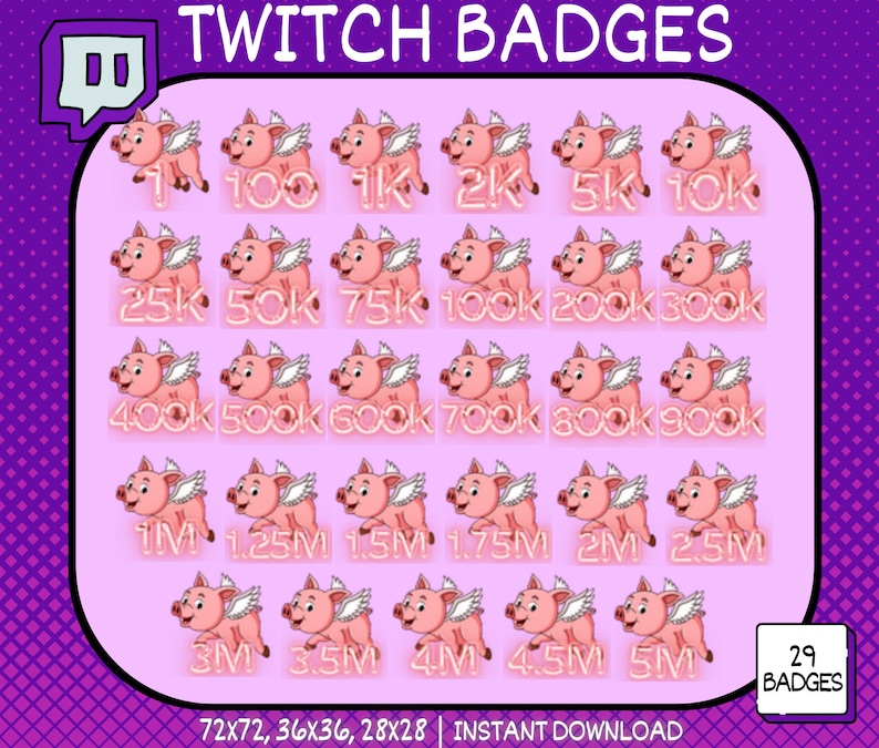 Twitch Bit Badges Set, Flying Pig Bit Badges, Pig Twitch Badges, Flying ...