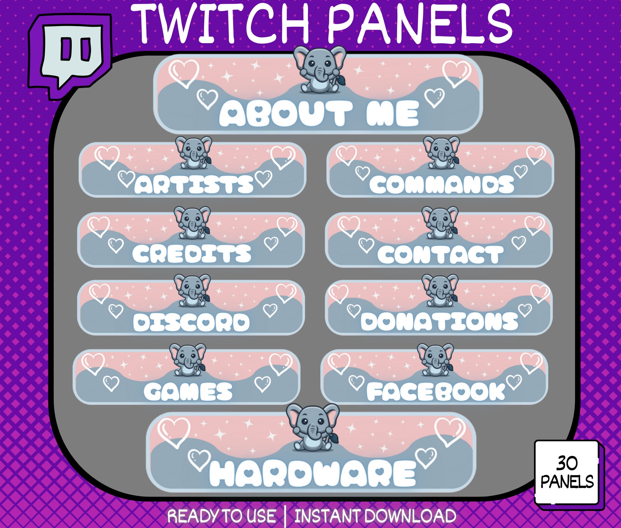 30 X Twitch Panels, Cute Elephant Twitch Panels, Elephant Panels ...