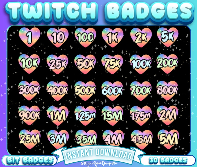 30 X Rainbow Heart Twitch Bit Badges, Twitch Tier Badges, Rainbow Heart ...