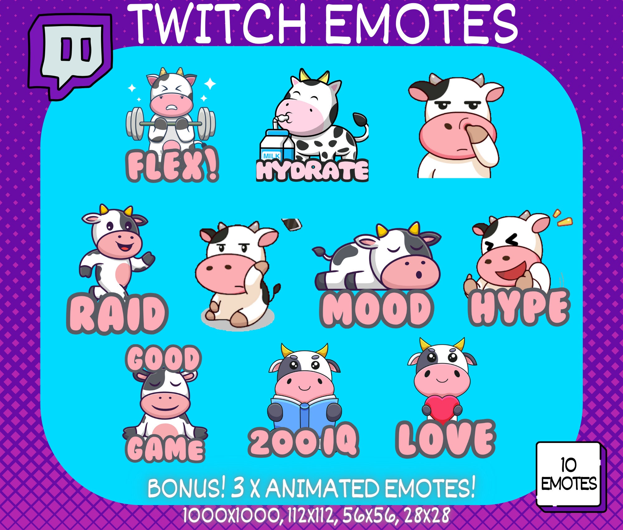 BONUS ANIMATED Emotes 10 X Twitch Emotes, Cute Cow Emotes, Cute Twitch ...