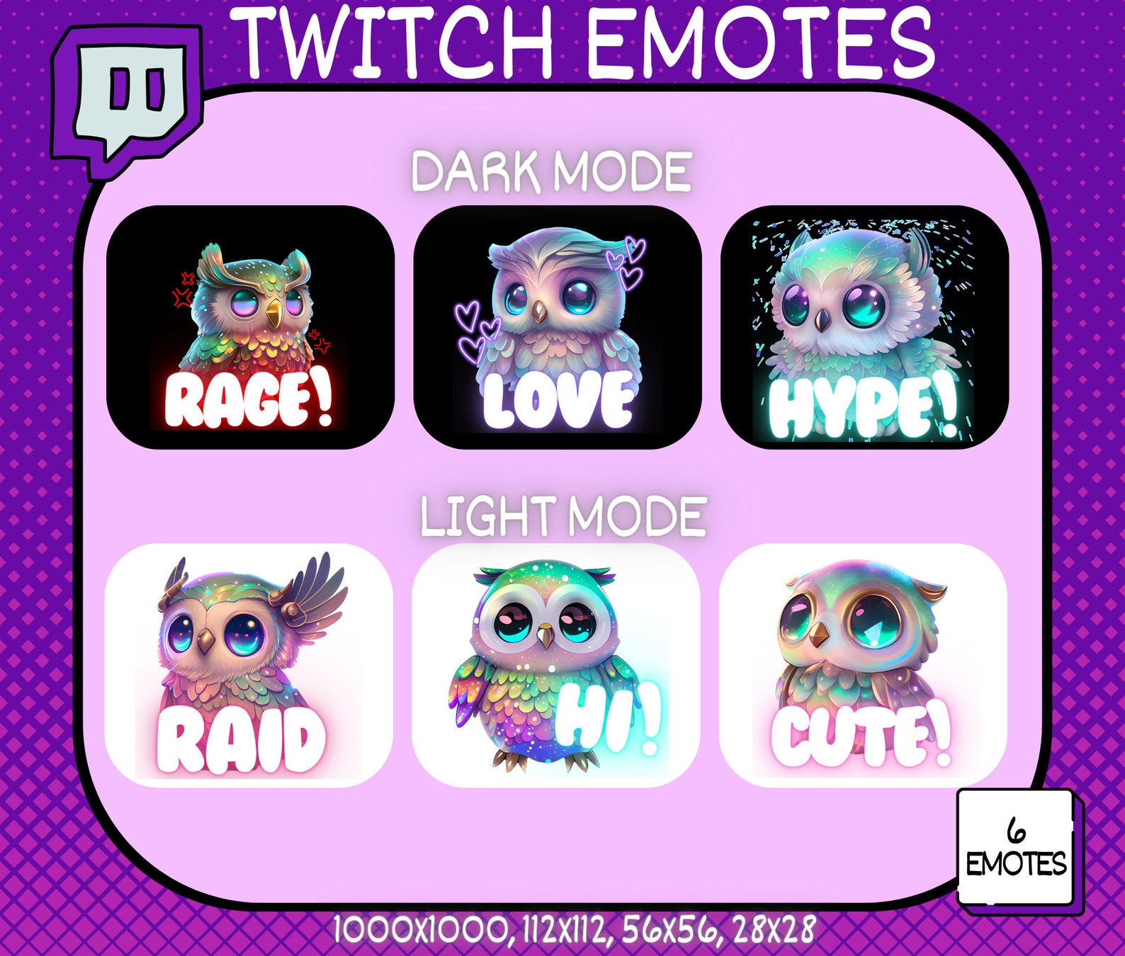 6 X Twitch Emotes, Cute Owl Emote, Cute Bird Emote, Colourful Owl ...