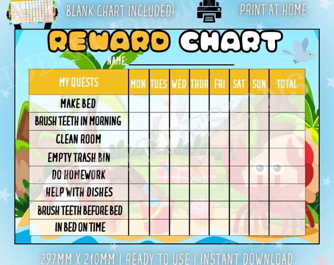 Printable Beach Reward Chart: Summer Chore Tracker (digital Download ...