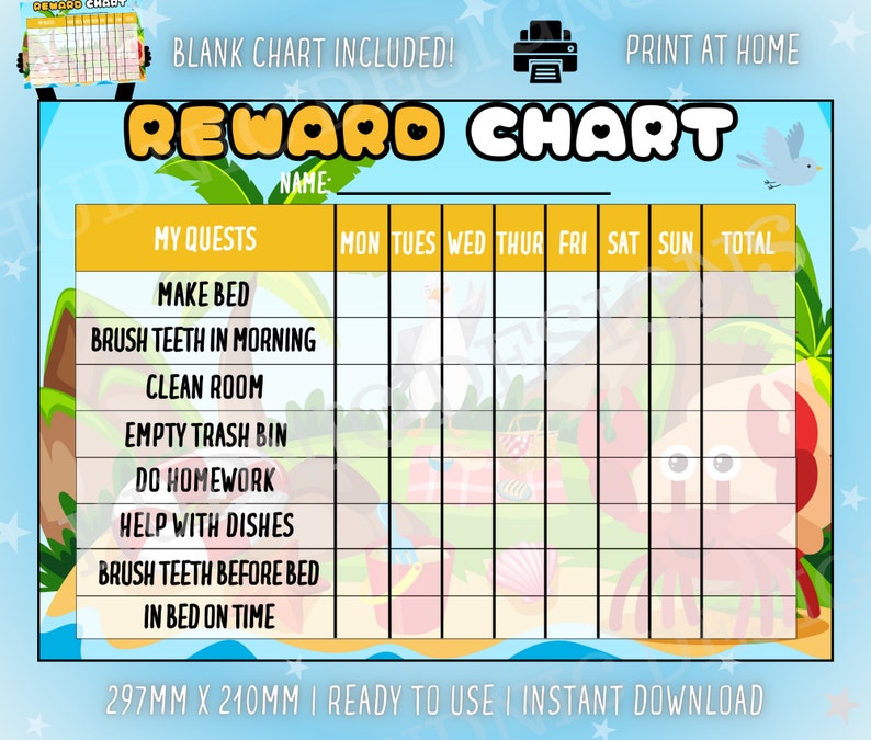 Beach Rewards Chart, Kids Chore Chart, Beach Chore Chart, Printable ...