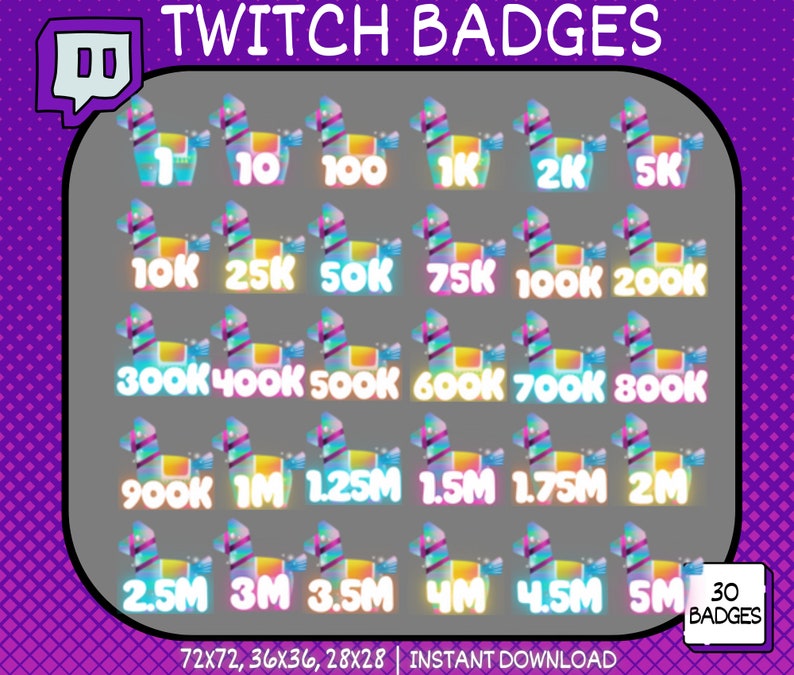 Rainbow Llama Twitch Bit Badges, Rainbow Twitch Tier Badges, Twitch Bit ...