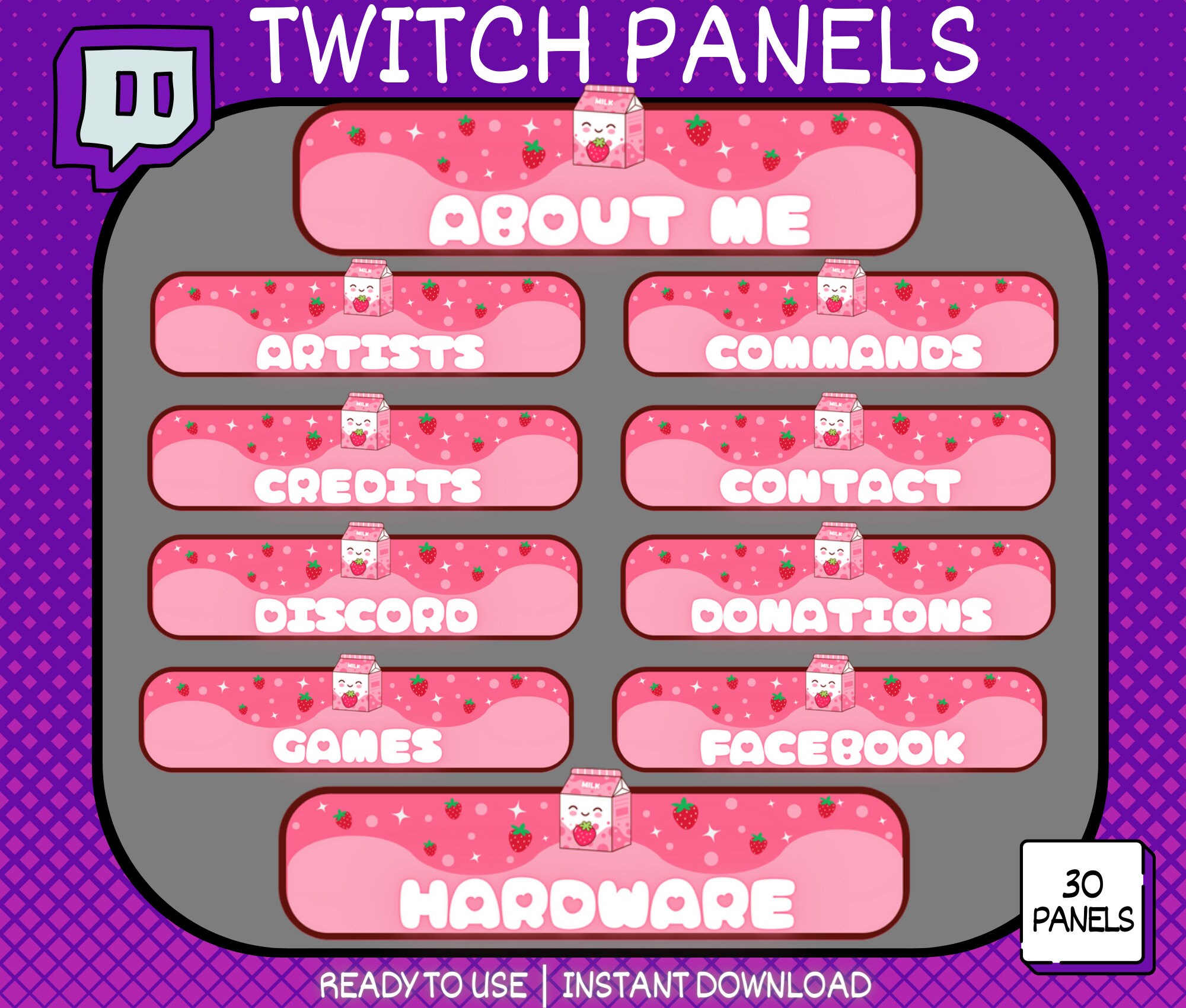 30 X Twitch Panels, Strawberry Milk Twitch Panels, Strawberry Panels ...