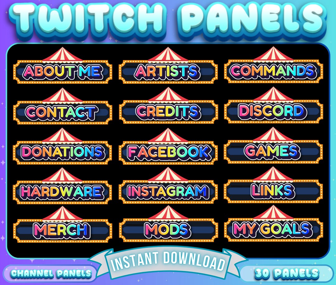 30 X Twitch Channel Panels | Twitch Panel Pack | Rainbow Circus Panels ...