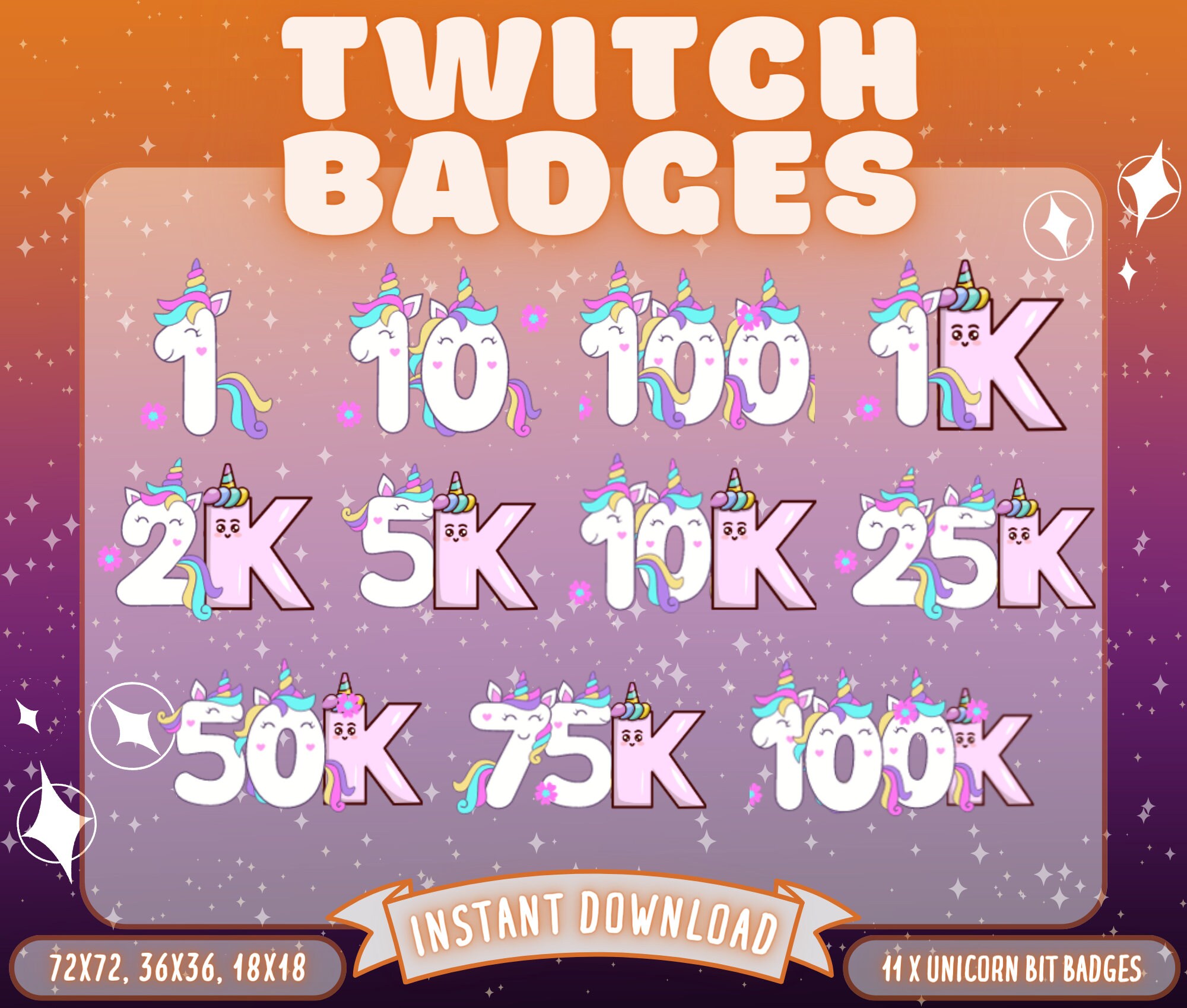 Unicorn Twitch Bit Badges, Unicorn Twitch Tier Badges, Twitch Bit ...