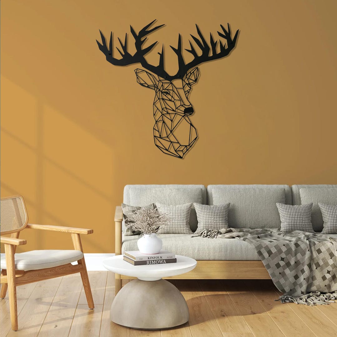 Geometric Deer Head Metal Wall Art, Large Modern Buck Silhouette Wall ...