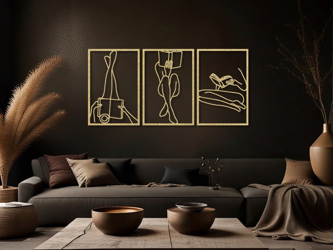 Bookish Metal One Line Art Set of 3 , Woman Reading Book Decor , Home ...