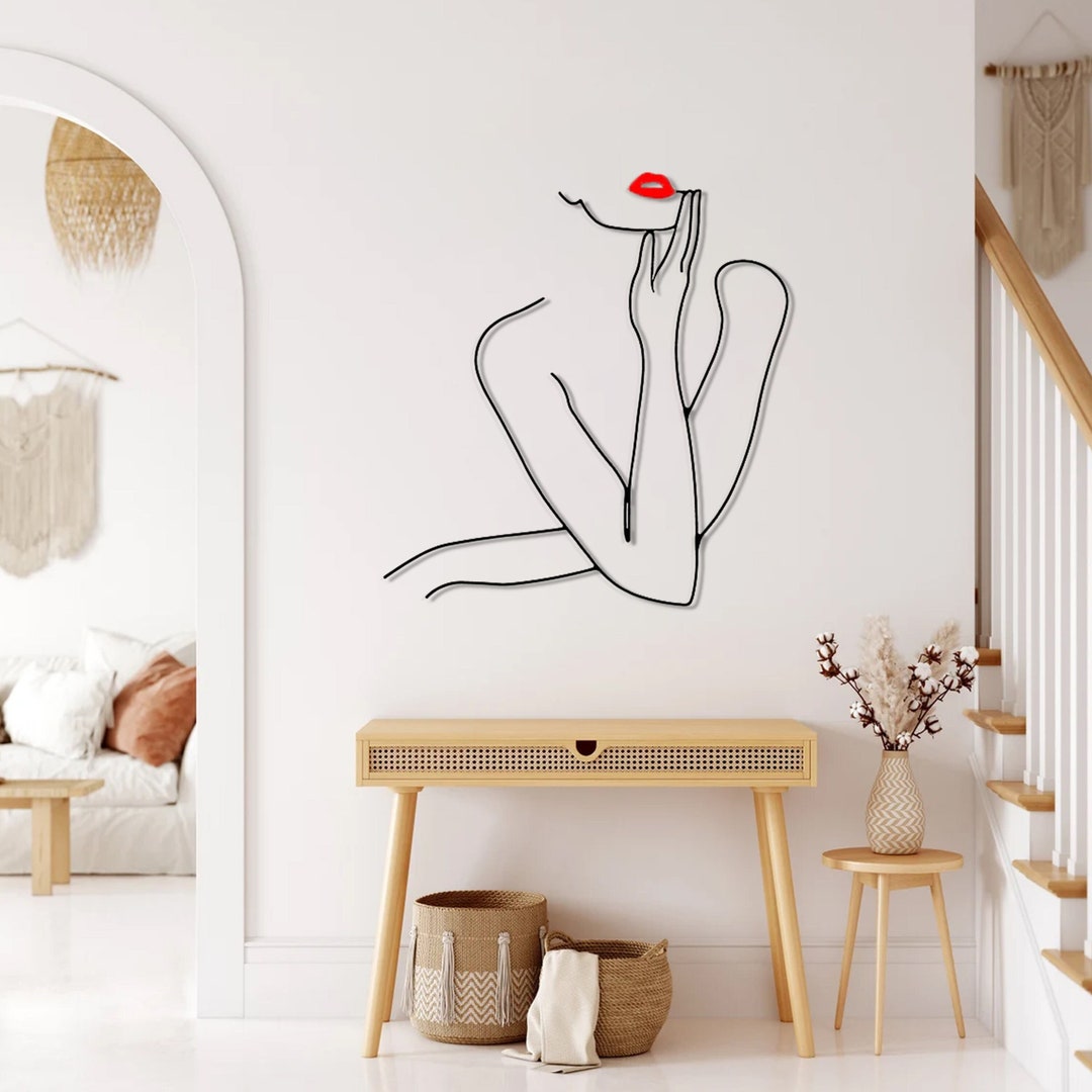 Red Lips Woman Metal Line Art , Minimalist Female Wall Art , Feminine ...