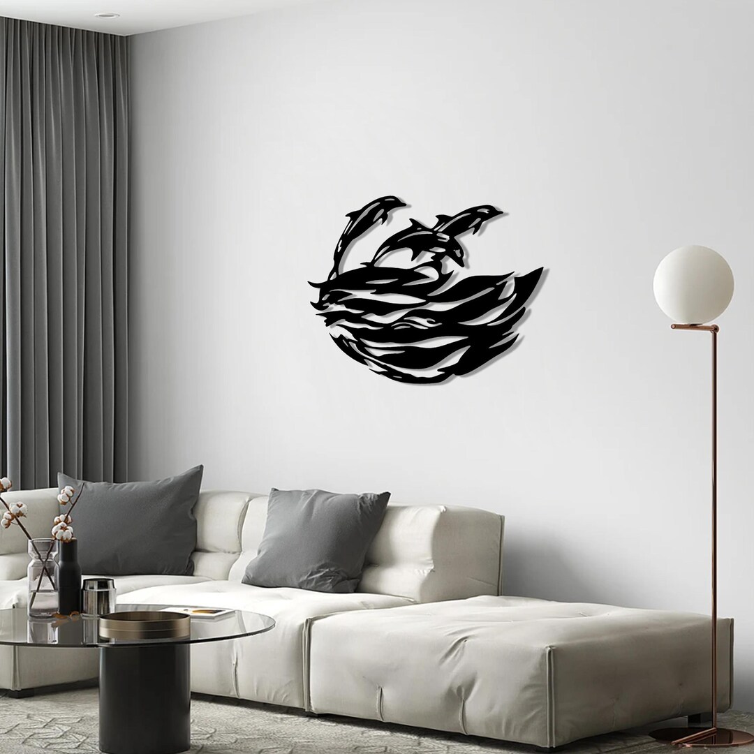 Large Dolphin Metal Wall Art, Ocean Wave Animal Wall Decor, Coastal ...