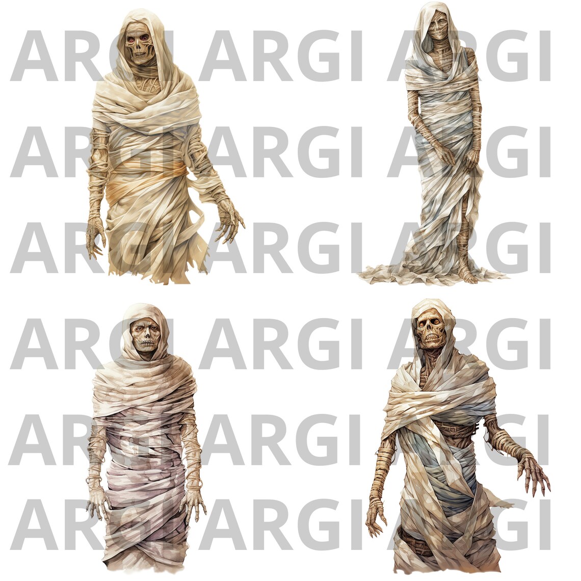 Scary Mummy Watercolor Clipart Bundle, Halloween Mummy PNG, Egyptian ...