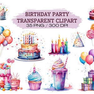 Watercolor Birthday Party Cake Present Balloons Clipart Bundle, 35 ...