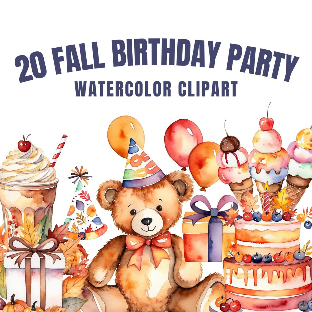 Watercolor Fall Birthday Party Cake Present Autumn Clipart Bundle, 20 ...