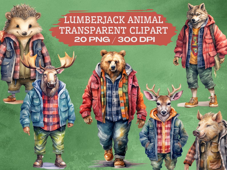 Woodland Lumberjack Animals Clipart Watercolor, Commercial Use, 20 ...